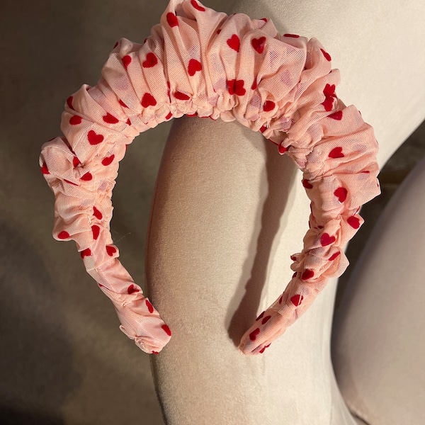 4 Way Stretch Tulle Fabric With Red Velvet Hearts, Pink Stretchy Mesh ...
