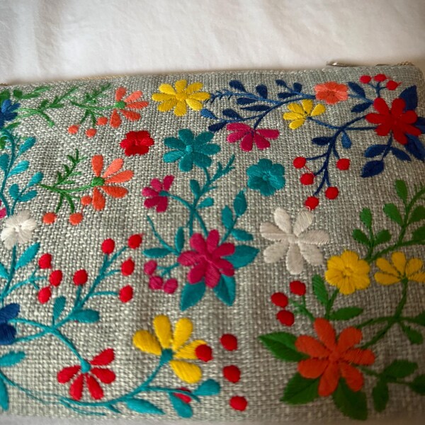 Cyan Embroidered Floral Brocade Wallet, Handmade Wild Flower Makeup ...