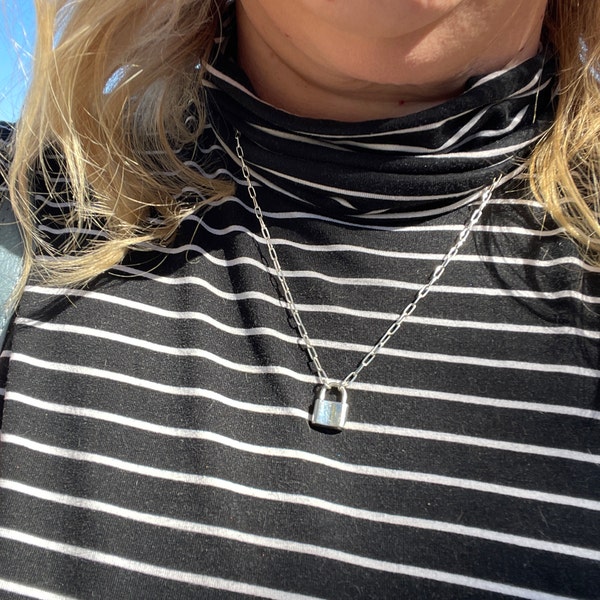 Silver Lock Necklace, Sterling Silver Paperclip Chain Love Lock ...