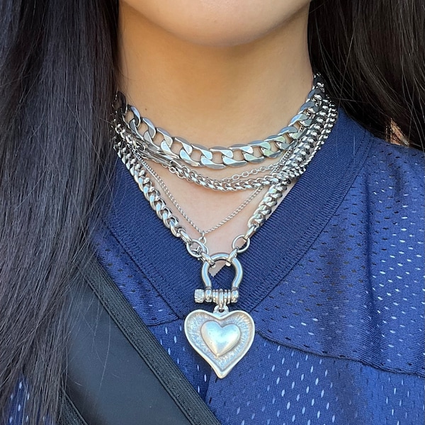 Chunky Multi Layer Silver Necklace for Women in Stainless Steel With ...
