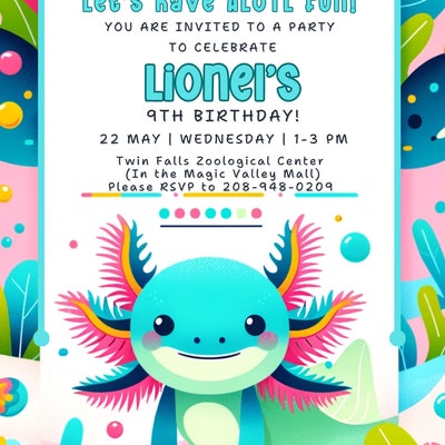 Axolotl Party Invitation, Axolotl Editable Birthday Invites, Axolotl ...