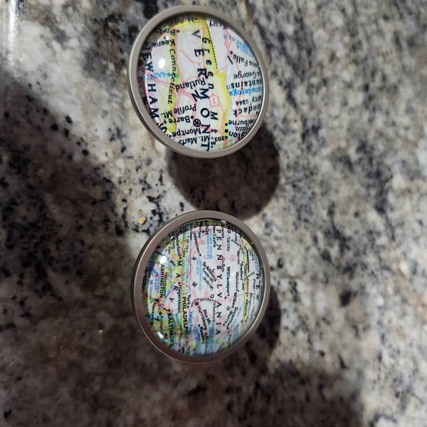 Custom MAP CABINET KNOB / Map Drawer Pull / Glass Domed Nickel, Bronze ...