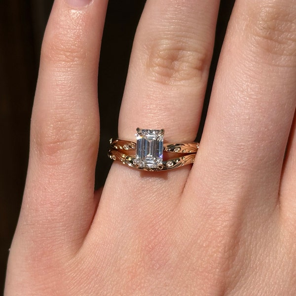 Handmade Art Deco Emerald Cut Diamond Ring, 1 to 3 Ct Lab Grown Diamond ...