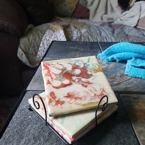 Wire Metal Coaster Holder, Coaster Stand, Holds up to 5 Ceramic Stone ...