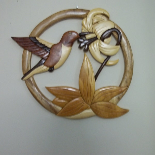Beautifully Hand Crafted 3 Dimensional Intarsia Wood Art HUMMINGBIRD ...