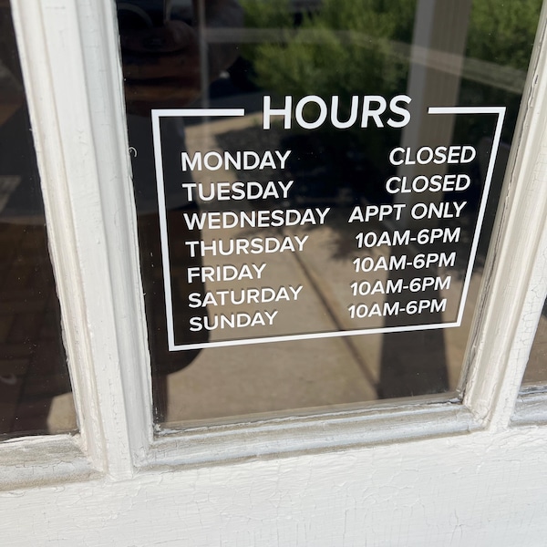 Custom Store Hours Vinyl Decal | Store Front Window | Hours of ...