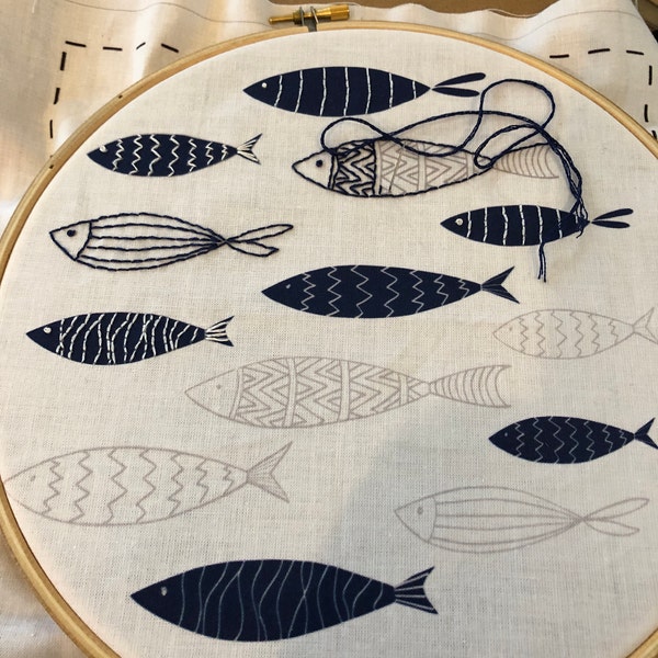 Blue Fish Embroidery Kit. Scandi Design. Embroidered Wall Art. - Etsy