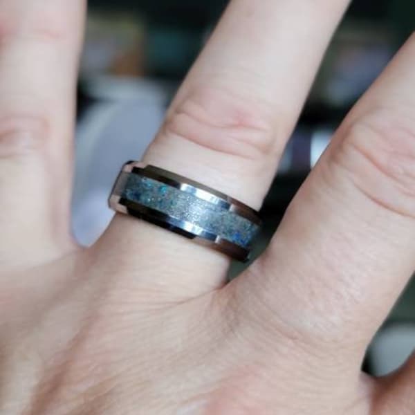 Blue Opal and Meteorite Glow Ring, Tungsten Band, Genuine Muonionalusta ...