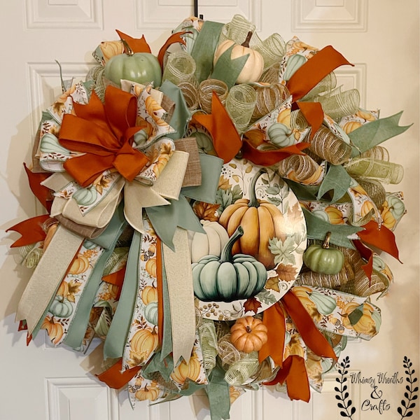 Round Fall Wreath Sign, Fall Wreath Sign, Green, White and Orange ...