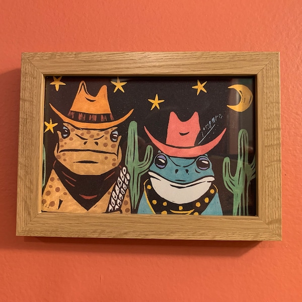 Framed Cowboy Frog Print Ready to Hang 4x6 Wall Print Whimsical Funny ...