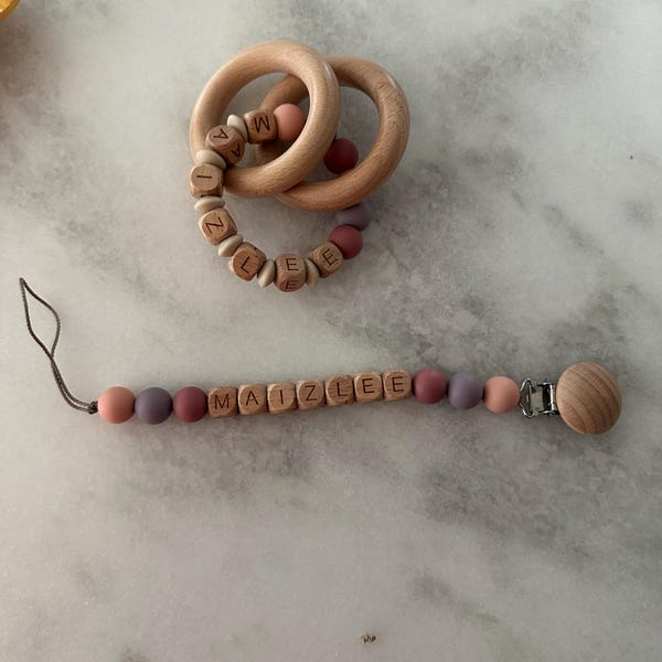 Personalized Pacifier Clip and Rattle Setcustom Baby Shower Giftpastel ...