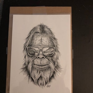 Bigfoot Sunglasses Pen And Ink Print Whimsical Nature Art Black And