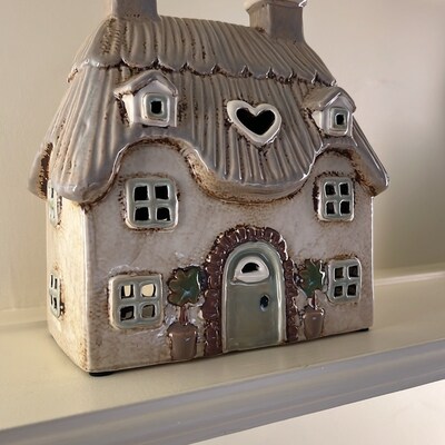 Grey Ceramic Cottage House Tea Light Holder Ornament - Etsy