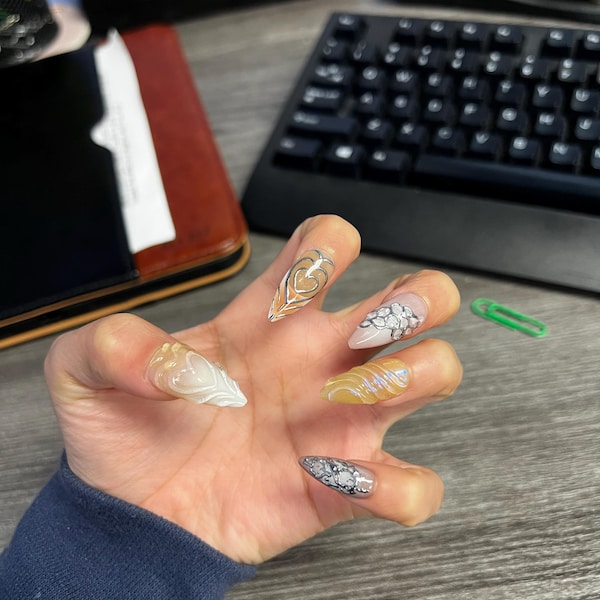 Handpainted Chrome Metallic Gothic Extra Long Stiletto Press on Nails ...
