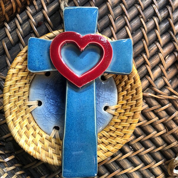 Blue Ceramic Cross With Heart - Handmade Christian Wall Art - Etsy