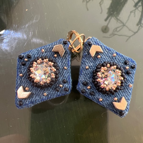 Denim Jewelry Set, Denim Blue Black Bracelet and Earrings, Embroidery ...