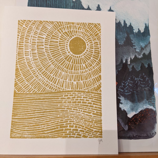 Sunset on the Ocean - Hand-pressed Linocut Print - 8x10 Minimal Textured Poster- Metallic Gold ...