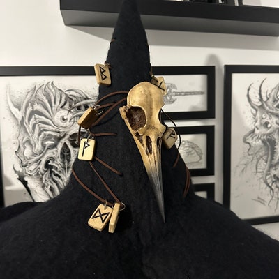 Witch Hat Wizard Magic Hat With Raven Skull and Runes Wizard Black Wool ...