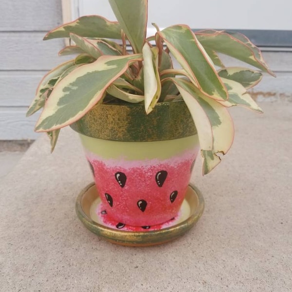 Hand Painted Terra Cotta Watermelon Pot and Matching Saucer - Etsy