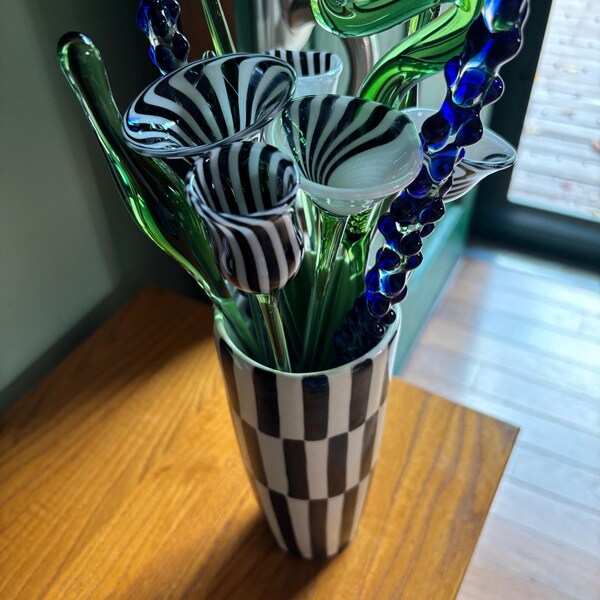 SQUARE Ceramic Vase, One of a Kind Vase Blue Grid Design - Etsy