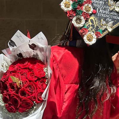 Pink Virgin Mary Graduation Cap, Paper Flowers, Rose Gold Grad Cap ...