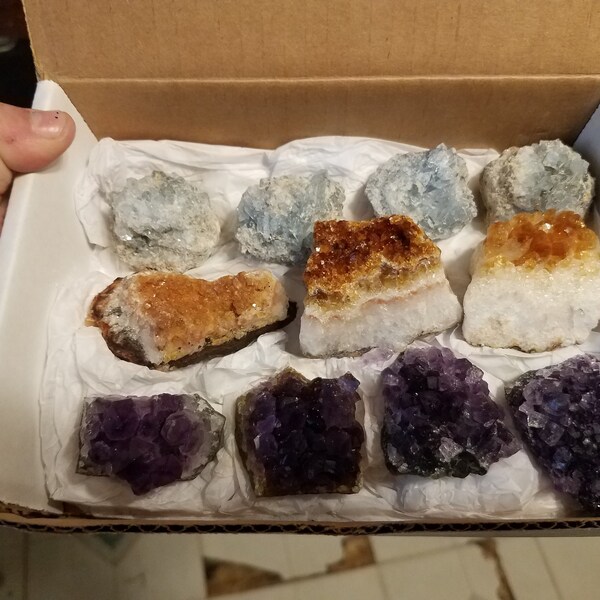 Amethyst, Citrine, & Celestite Crystal Cluster Gift Box, 9 - 12 Pieces ...