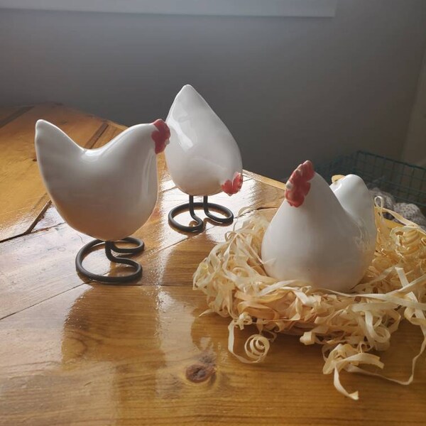 White Ceramic Chicken | Decorative Hen Figurine | Small Handmade Bird ...