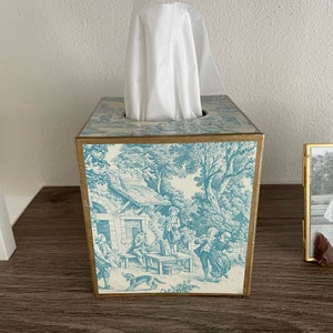Aqua French Toile Tissue Box Cover - Etsy