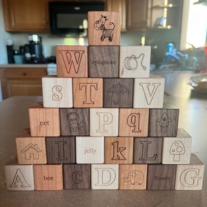 26-piece PICTURE ALPHABET Block Set Natural Wooden Toy Blocks With ...