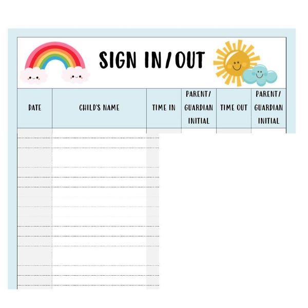 Daycare Nursery Weekly Sign In/out Sheet Digital Pdf/word Instant ...