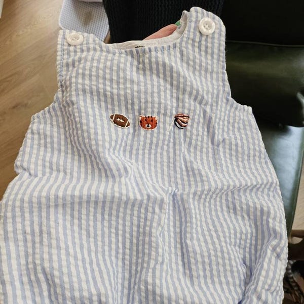 Hand Embroidered Football, Tiger and Shaker on Cotton Overalls - Baby ...