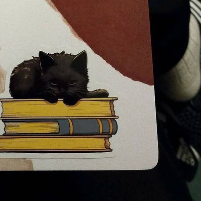 Cat Resting on Books Sticker With Flowers Sleepy Cat Sticker Bookish ...