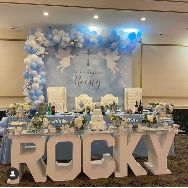 Baptism Christening Backdrop, Holy Baby Boy Theme, Blue Floral Frame ...