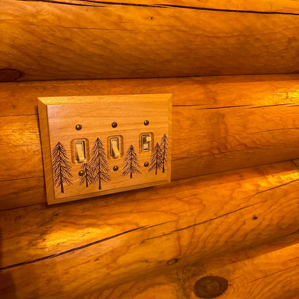 Wooden Triple Light Switch Cover With Wood Burned & Water Colored Birch ...
