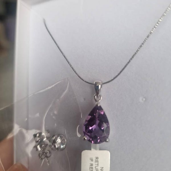 Genuine Amethyst Pear Solitaire Teardrop Silver Pendant Necklace ...