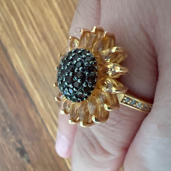 Sunflower Citrine Smoky Quartz Silver Ring in 925 Silver Ring With Gold ...
