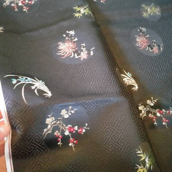 Fabric Silk Brocade Dark Blue and Color Gold Bamboo Floral -by Half ...