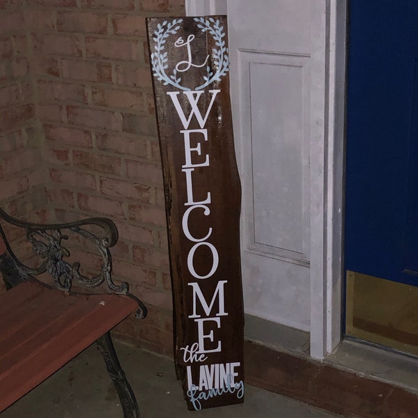 Vertical Welcome Sign With Monogram and Last Name | Leaning Porch Sign ...