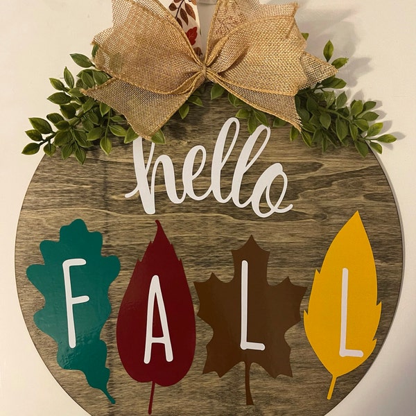 Hello Fall Leaves Sign, Digital Download, Round Door Hanger Svg ...