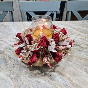 Burgundy Red Burlap Rag Candle Ring 4, Farmhouse Decor, Candle ...