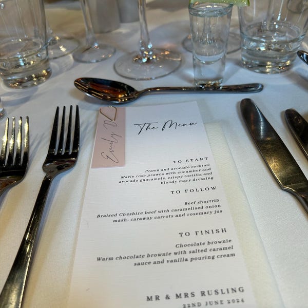 Wedding Menu, Personalised Wedding Menu With Place Name, Chiffon Ribbon ...