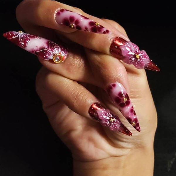 Hand-painted Red Flowers Press on Nails, Summer Colour 3D Floral Nail ...