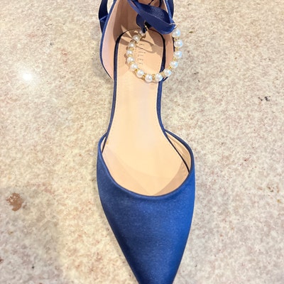 Navy Blue Satin Pointy Toe Flats With PEARLS ANKLE STRAP, Fall Wedding ...