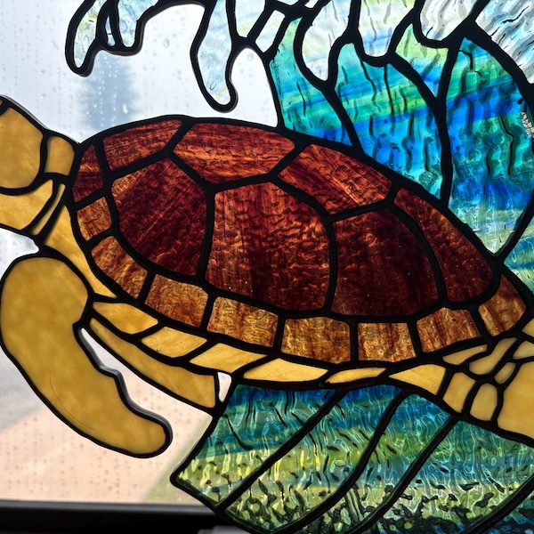 Turtle on Waves Stained Glass Pattern, Turtle With Waves Suncatcher ...