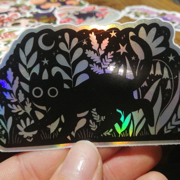 Black Cat Holographic Sticker - "midnight Stroll" - Cute Gift for Cat ...