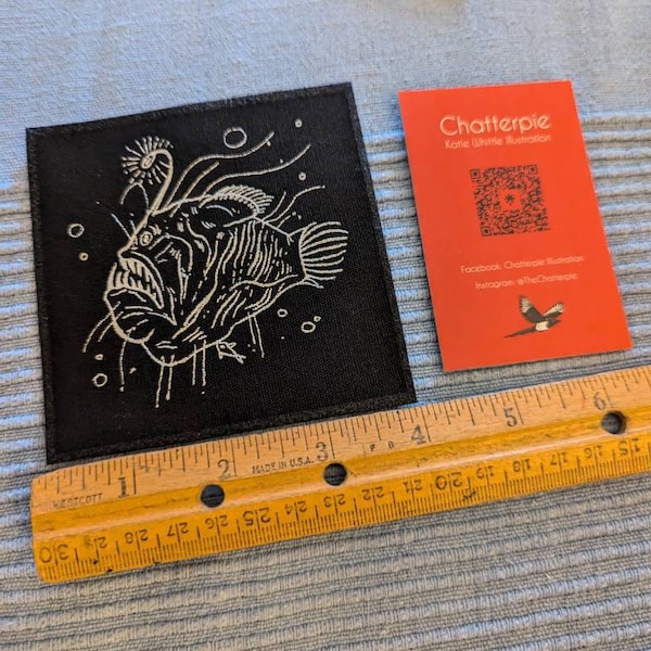 Deep Sea Angler Fish- Silver Screen Print Fabric Patch 10x10cm- Goth ...