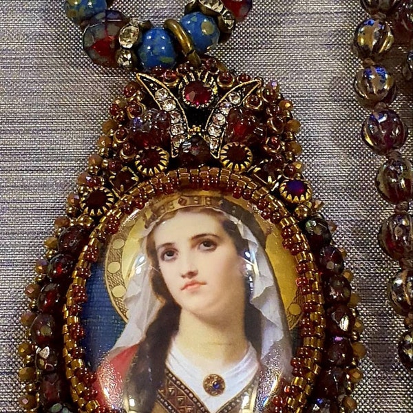 Madonna, Divine Shepherdess, Mary Bead Embroidery Fringe Necklace ...
