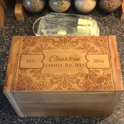Personalized Recipe Box Decorative Floral Design Bamboo Recipe Box ...