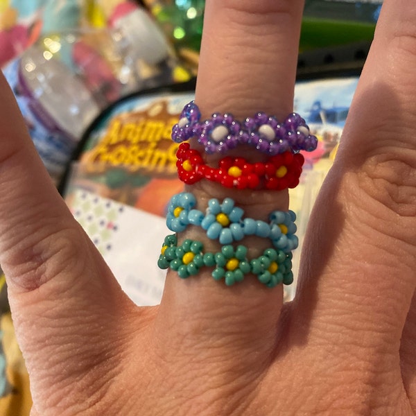 Dainty Flower Beaded Ring, Daisy Chain Ring, Flower Ring, Colorful ...