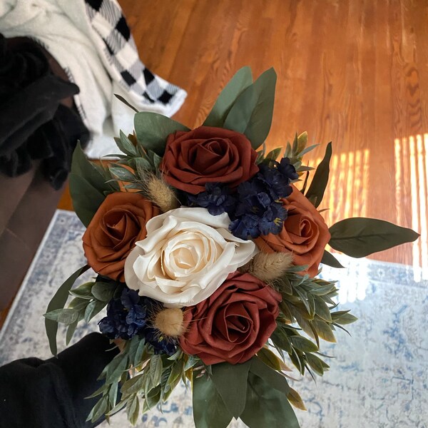 Cascade Mixed Fall Bridal Wedding Wedding Bouquets, Burnt Orange, Navy ...